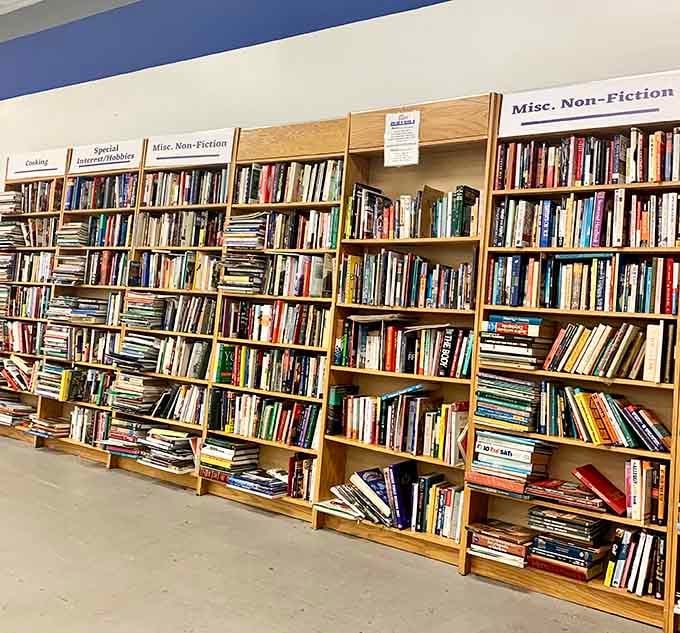 Books categorized by genre, because even bargain hunters appreciate a well-organized literary treasure hunt experience.