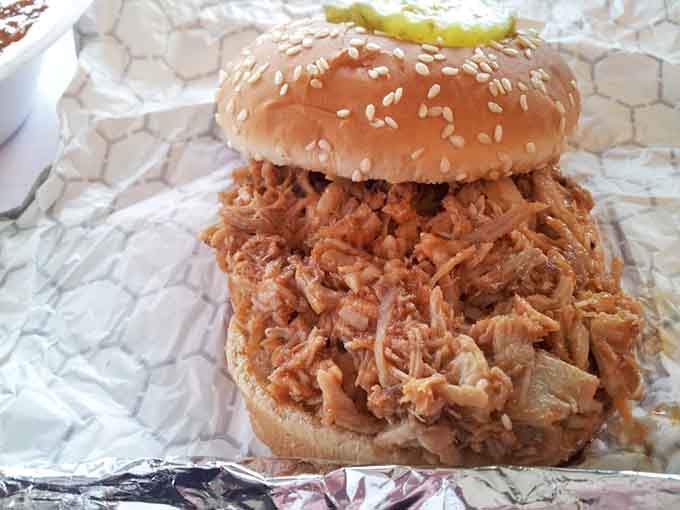 That pulled pork sandwich towers high with tender meat, making lunch just as impressive as breakfast here.