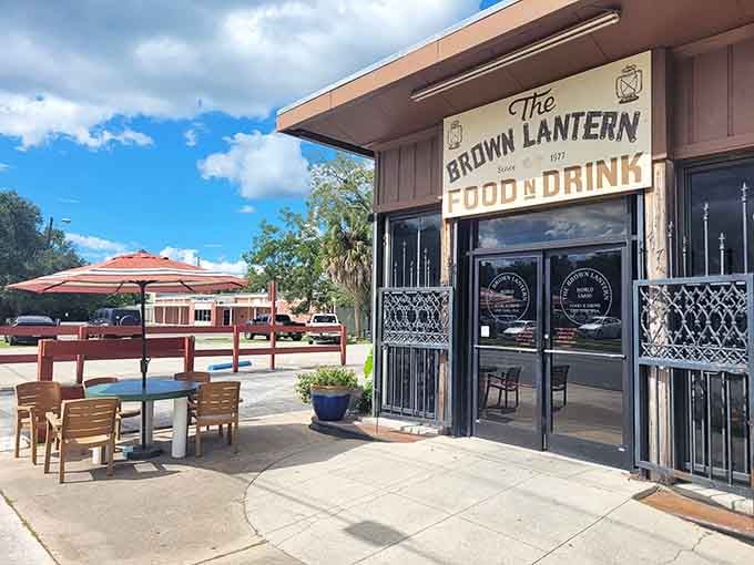 The Brown Lantern beckons with outdoor seating perfect for enjoying a meal without rushing back to anything important.
