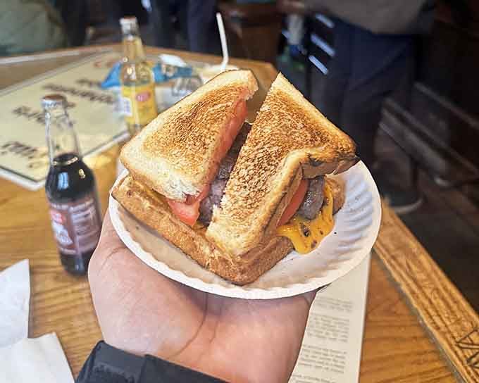 Perfectly toasted bread that's been the burger delivery system since McKinley was president, and it still works.