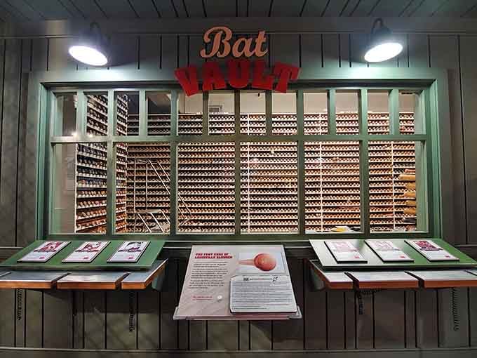 The Bat Vault displays miniature versions of famous players' bats, like a hall of fame for the tools that made legends.