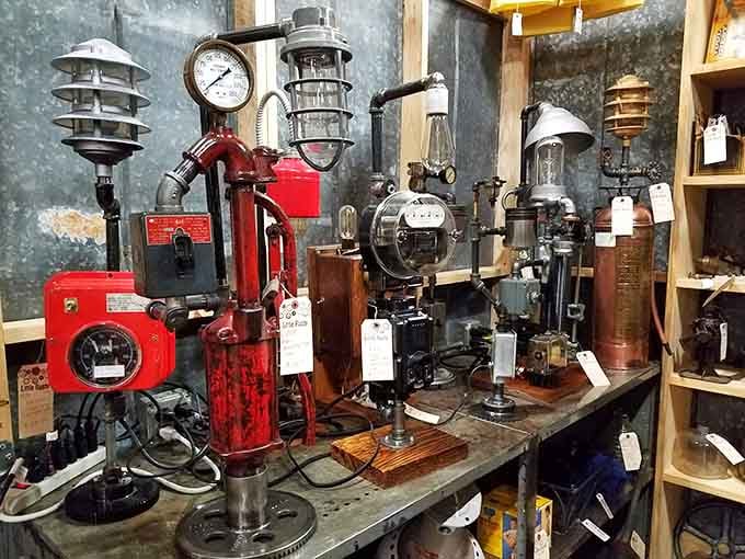 Industrial lamps repurposed into steampunk masterpieces that would make Jules Verne nod approvingly from the great beyond.