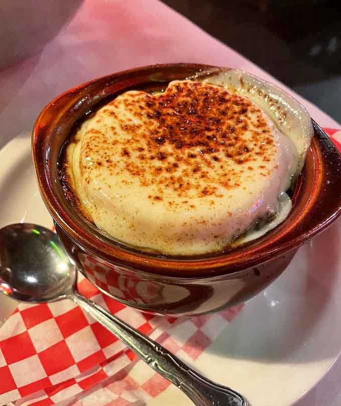 French onion soup with that gloriously browned cheese top, comfort in a crock if ever there was.
