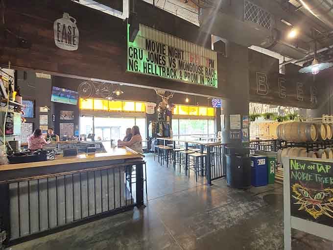 Beer taps and barrel seating create the perfect spot to contemplate life's important questions over a cold one.