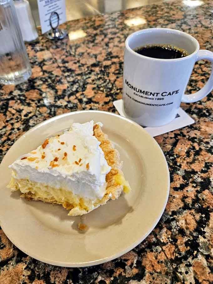 Coconut cream pie and coffee, the kind of pairing that makes you believe in second desserts.