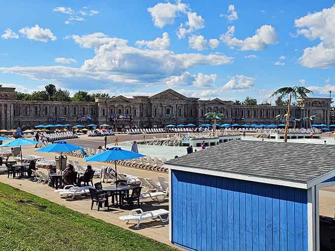The outdoor water park sprawls beneath blue skies, offering enough aquatic real estate to tire out any family.