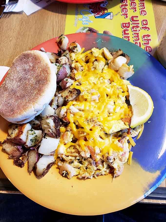 Hash browns topped with seafood and melted cheese, because the Oregon coast doesn't believe in holding back at breakfast.