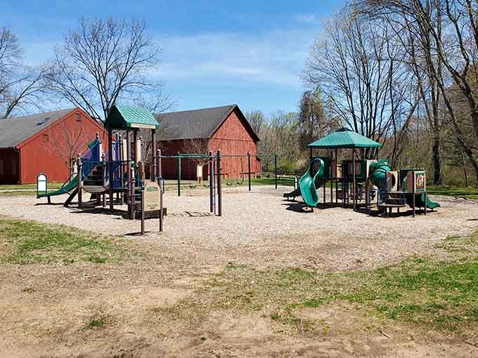 The playground where kids can burn off energy while parents contemplate the peaceful beauty of nearby red barns.