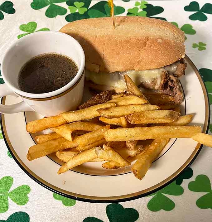 A Dublin Dip sandwich with au jus proves that sometimes the messiest meals create the most memorable dining experiences worth having.
