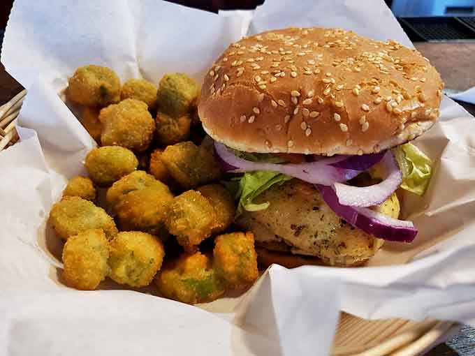 Grilled chicken sandwich with fried okra proves that sometimes the simple combinations are the ones that win every time.