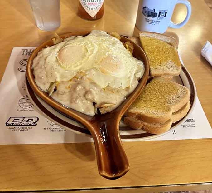 The country skillet arrives in a proper skillet, proving presentation doesn't require fancy white plates.