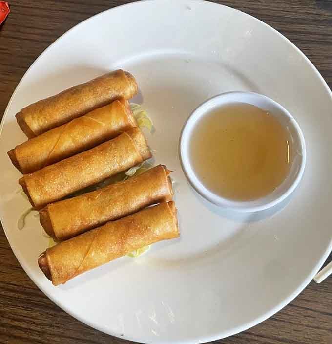 Classic egg rolls arrive golden and crispy with sweet dipping sauce, proving some traditions never go out of style.