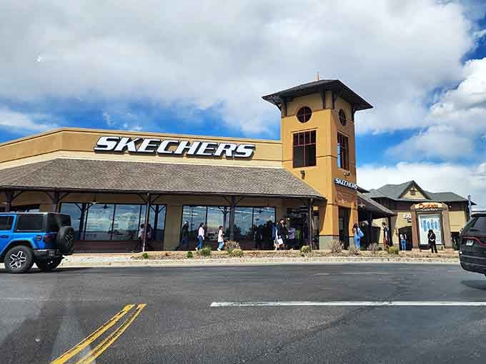 Skechers' distinctive tower marks the spot where comfort meets affordability in perfect harmony.