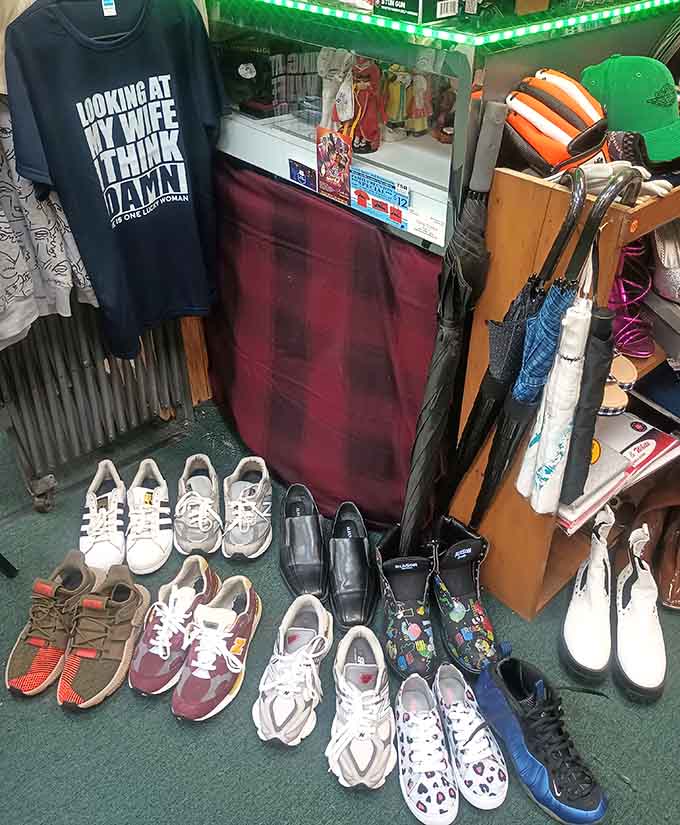 That t-shirt speaks truth many husbands have learned, surrounded by footwear options for every style and budget.