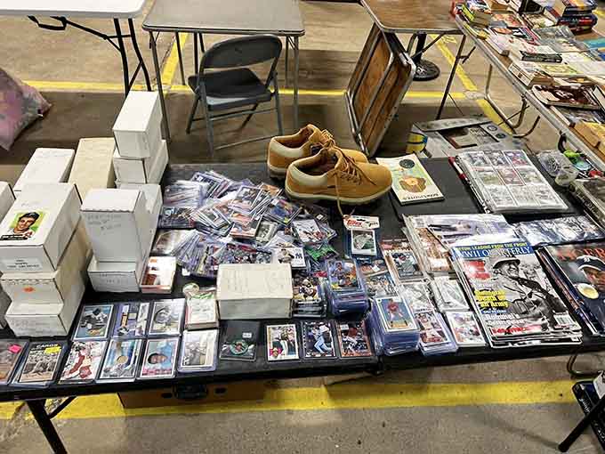 Vintage sneakers and trading cards share space like old friends, reminding us that nostalgia comes in many delightful forms.