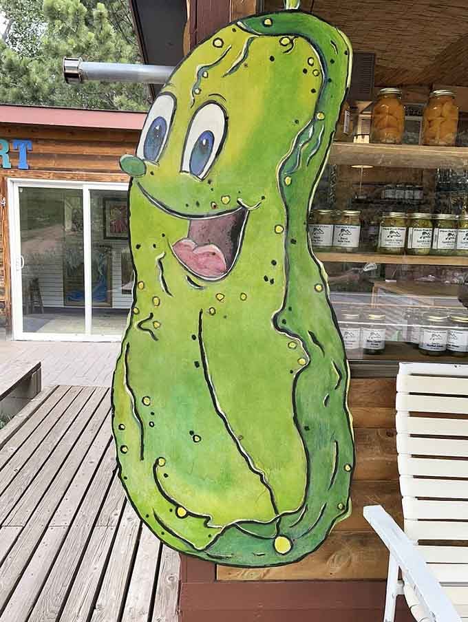 This grinning pickle cutout has probably launched a thousand family photos and zero regrets about stopping here.