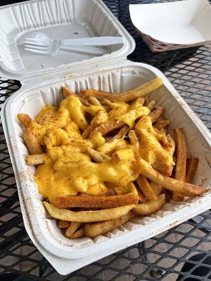 Golden fries drowning in cheese with a dusting of seasoning&mdash;this is what food dreams are made of.