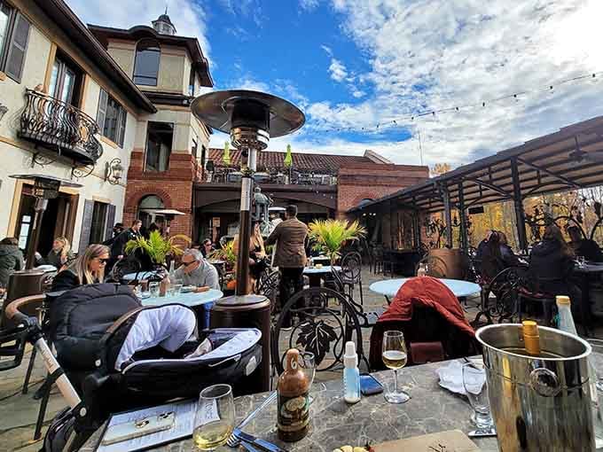 Outdoor patio dining with heat lamps means your wine-sipping season just got extended through three additional months.