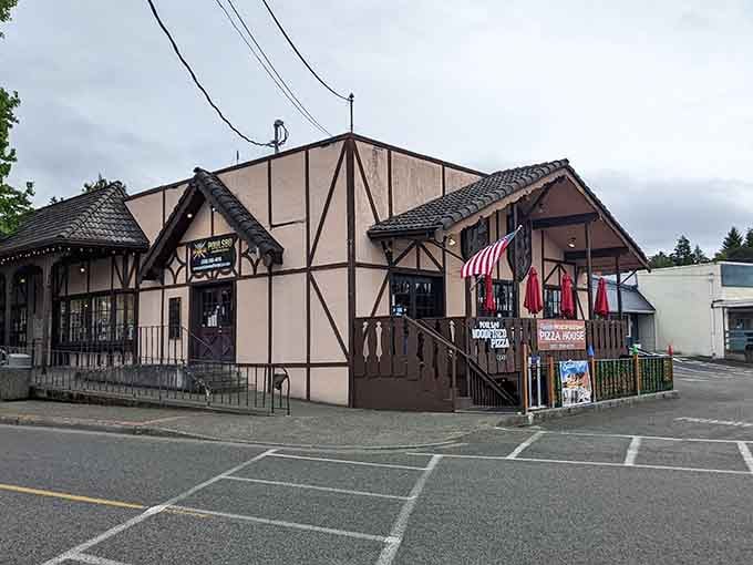 Half-timbered architecture and an American flag create the most delightfully unexpected combination since peanut butter met chocolate.