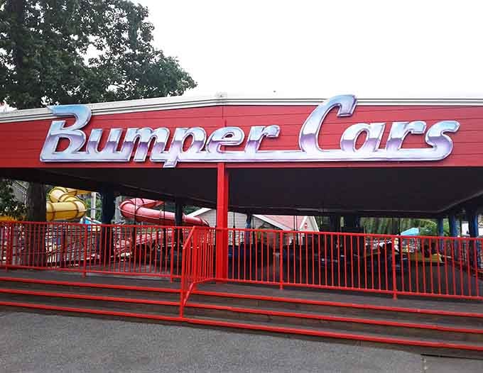 Bumper Cars await under their classic red canopy, ready for some good-natured vehicular mayhem.
