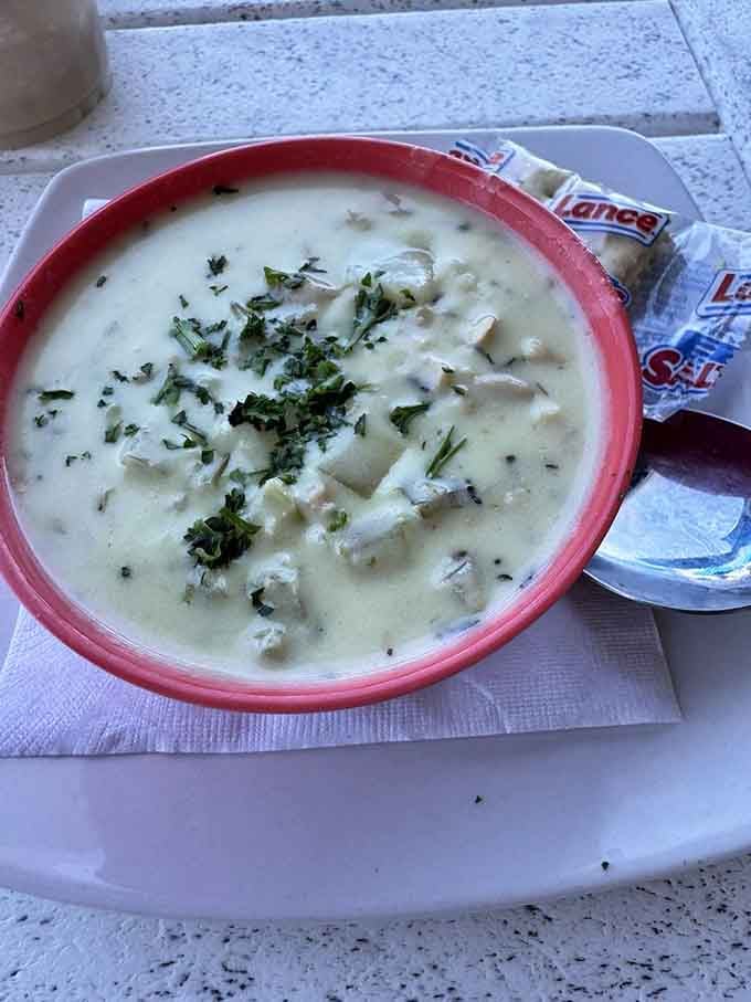 Creamy clam chowder that'll warm you up even on Florida's mildest days, served with crackers for maximum comfort.