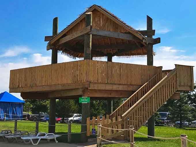 This tiki-style cabana offers premium relaxation for those who understand that comfort enhances the waterpark experience significantly.