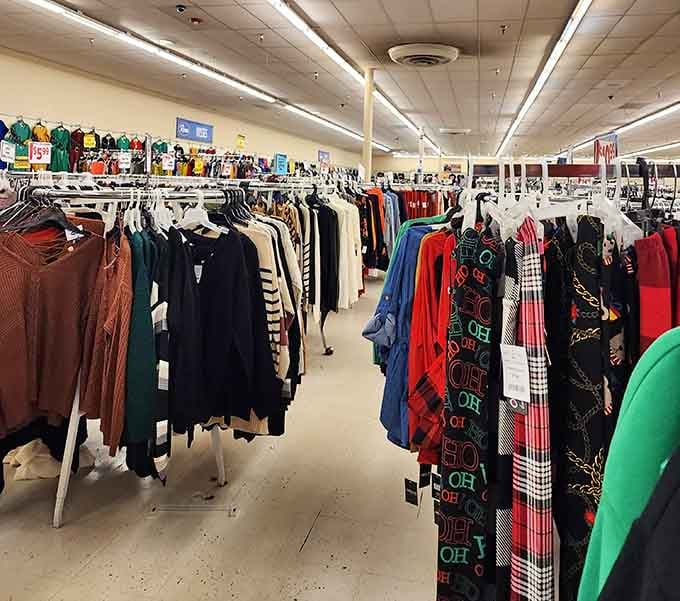 Clothing racks stretching into the distance like a rainbow of affordable fashion possibilities awaits you here.