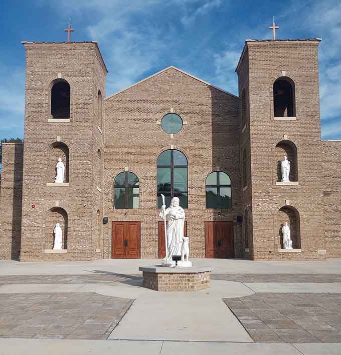 Good Shepherd Catholic Parish welcomes worshippers with architectural grace that inspires both faith and admiration for craftsmanship.