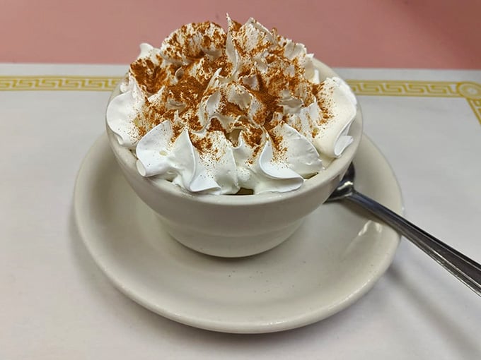 Rice pudding crowned with whipped cream and cinnamon, comfort food that tastes like childhood memories you never had.