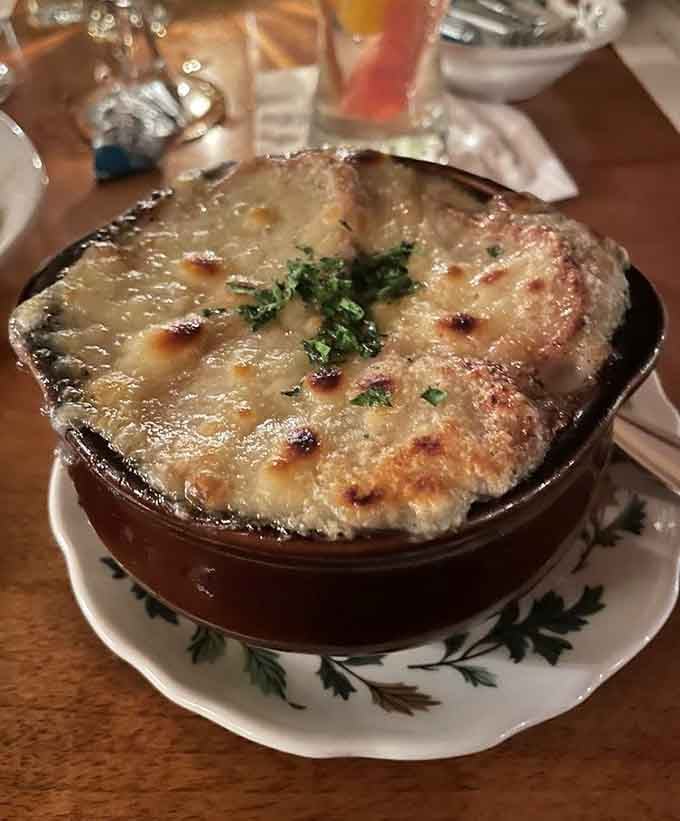 French onion soup with a cheese crust so perfectly browned it deserves its own standing ovation.
