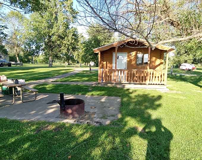 Cozy cabin living with a fire ring ready for s'mores and stories that improve with each retelling.
