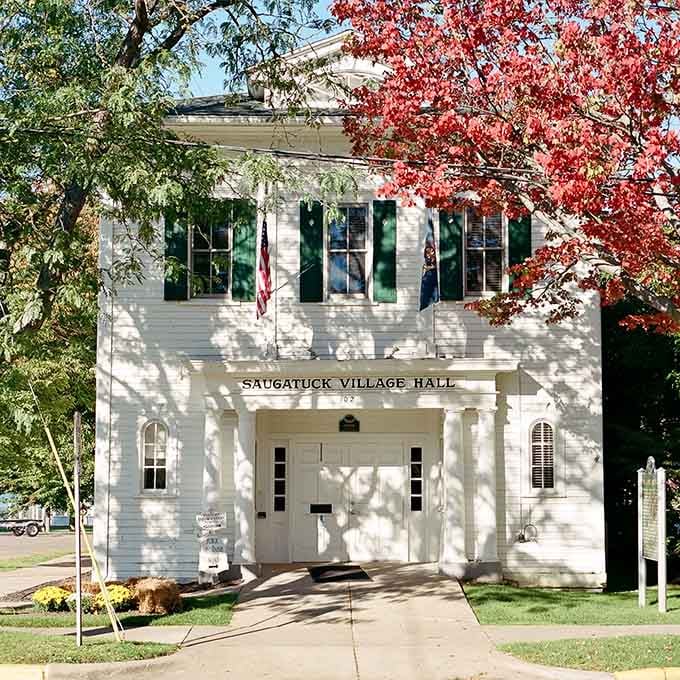 Saugatuck Village Hall stands proud in white, looking exactly like small-town America should but rarely does.