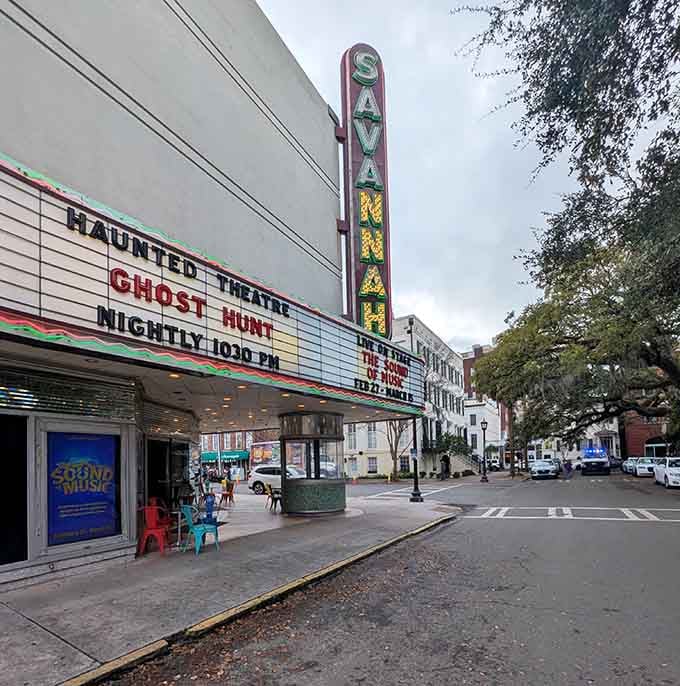 The Savannah Theatre's marquee promises ghost hunts because apparently regular entertainment isn't spooky enough here.