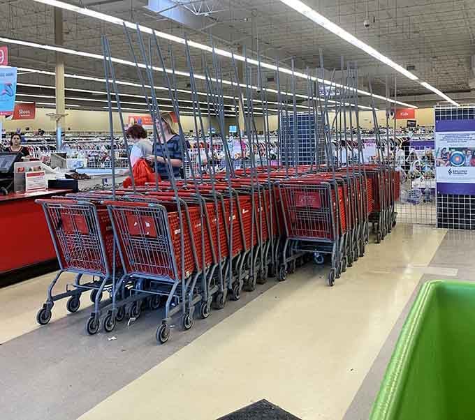 Red carts lined up like soldiers, ready to carry your unexpected finds and intentional purchases to victory.