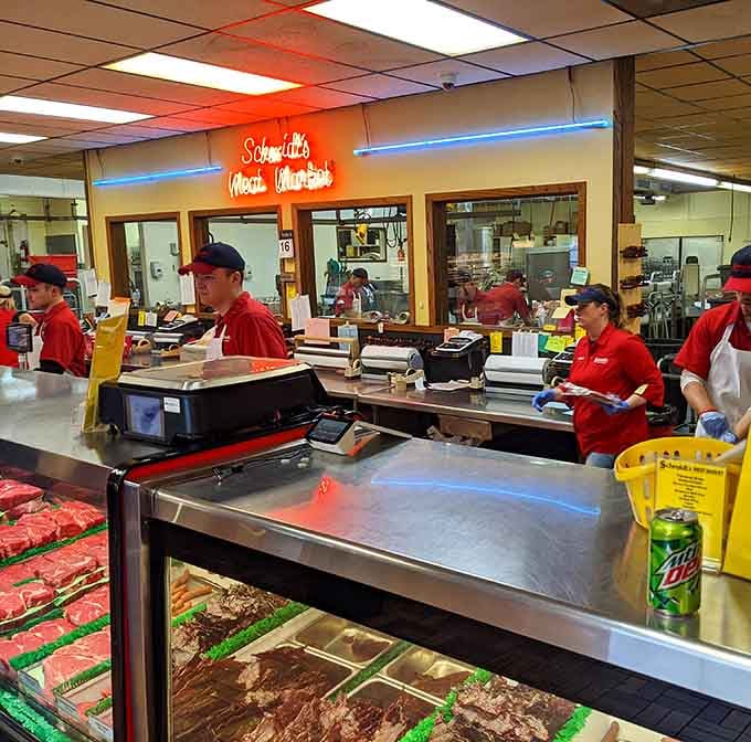 The neon glow and friendly faces behind Schmidt's counter represent old-fashioned service that's refreshingly alive and well.