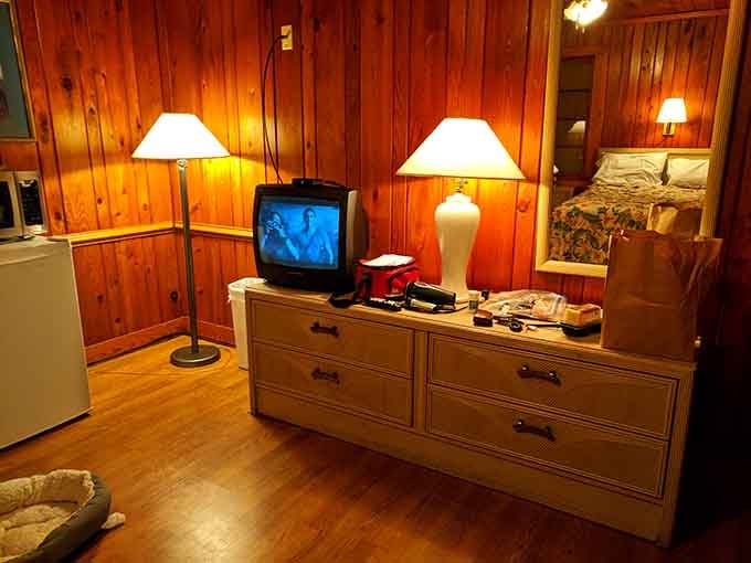 That vintage TV set is practically a museum piece, reminding you when three channels felt like plenty of options.