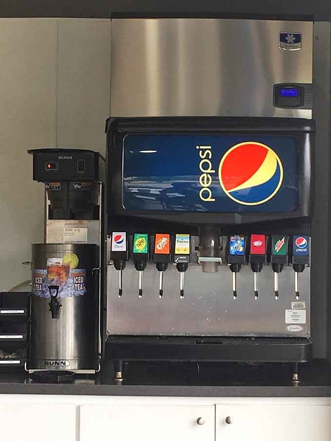 The beverage station offers everything from sweet tea to soda for washing down all that smoky goodness.