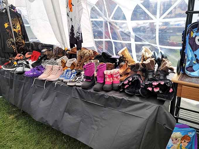 Footwear for every season spreads across tables like a shoe store exploded in the most delightful way.