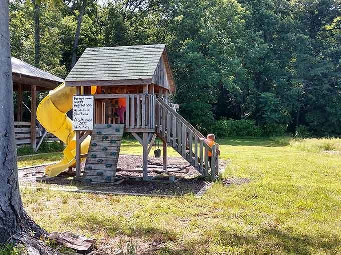 That yellow slide promises adventure after the picking's done, because farms know kids need more than vegetables.