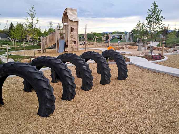 Massive tractor tires create an obstacle course that would make any farm kid feel right at home.