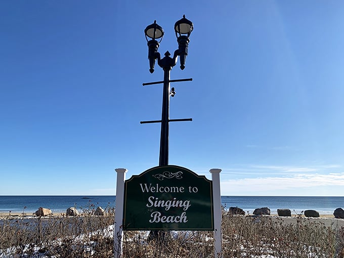 This elegant welcome sign promises the musical sand experience that makes this beach genuinely one of a kind.