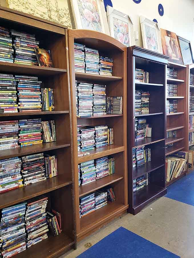 DVDs and media lined up like a Blockbuster that never closed, perfect for old-school movie night enthusiasts everywhere.