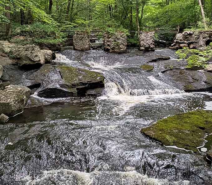 Water cascades over ancient rocks in layers, creating nature's own staircase that's infinitely more photogenic than your gym's StairMaster.
