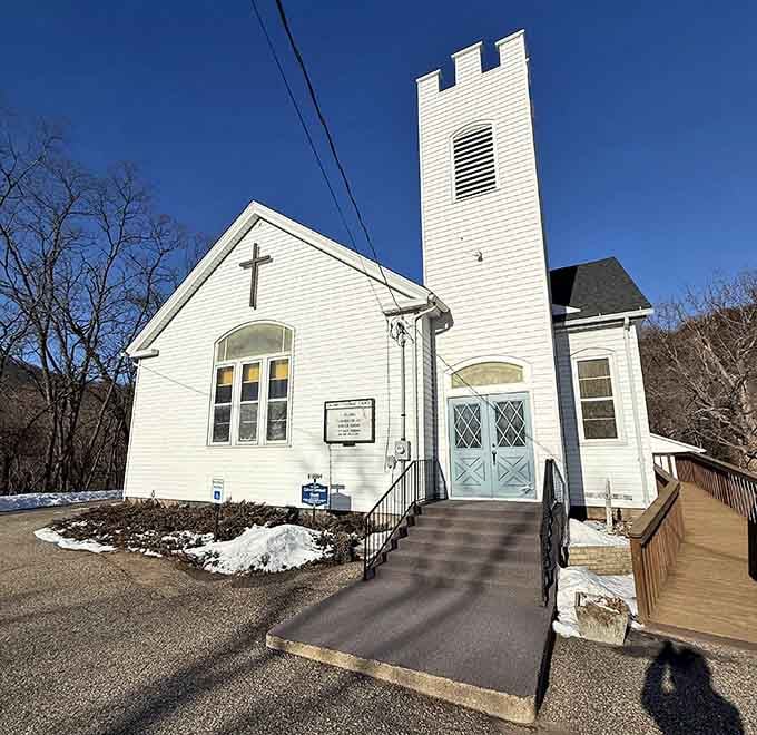 White clapboard and a steeple reaching skyward create the quintessential country church that anchors any proper small town.