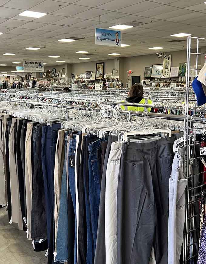 The men's pants section stretches endlessly, offering every style from business casual to weekend warrior.