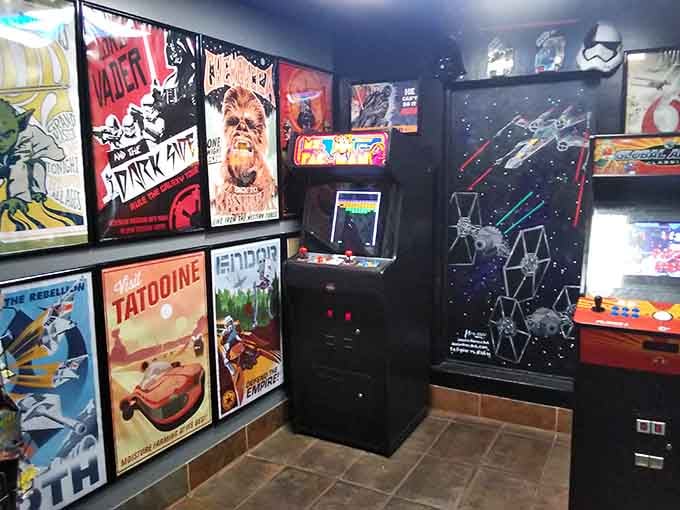 Classic arcade games and movie posters create the ultimate nostalgia corner for kids and adults alike to enjoy.