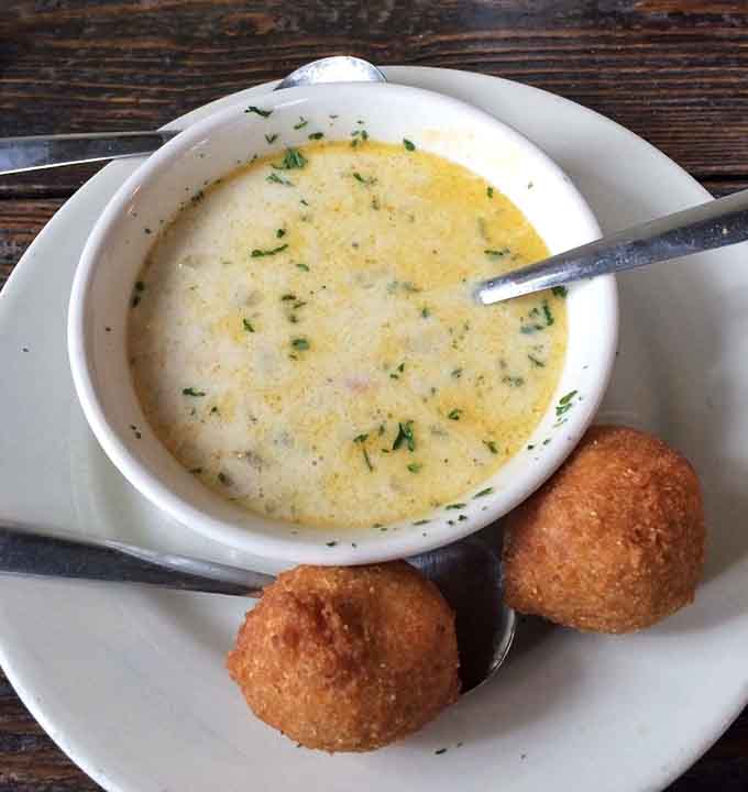 Seafood chowder so loaded with crab and shrimp, the spoon practically stands up by itself.