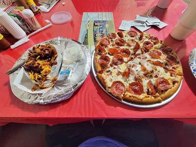 Pizza and a loaded baked potato walk into a diner, and somehow this beautiful friendship just works.
