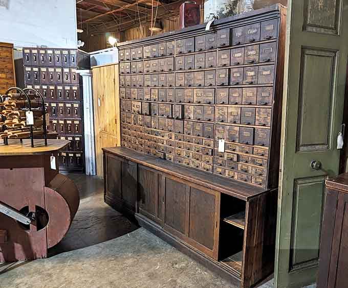 This magnificent wooden cabinet with countless drawers could organize your entire life or hide your secrets in alphabetical order perfectly.