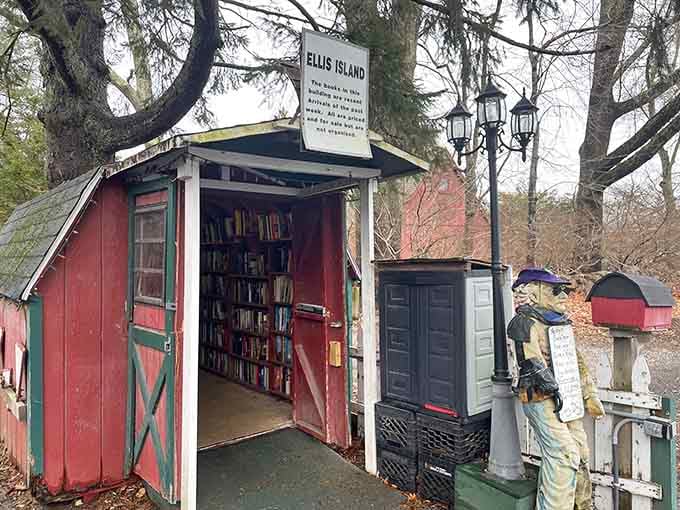 Ellis Island themed shed because why not add immigration history to your book browsing adventure today?